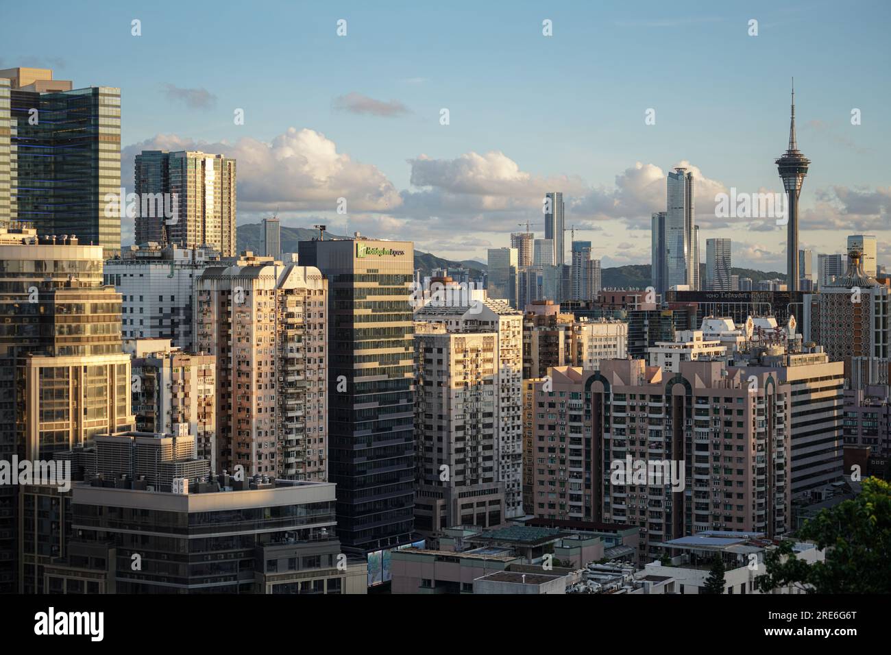 Buildings are seen in Macau Island during sunset. Daily life in Macao ...
