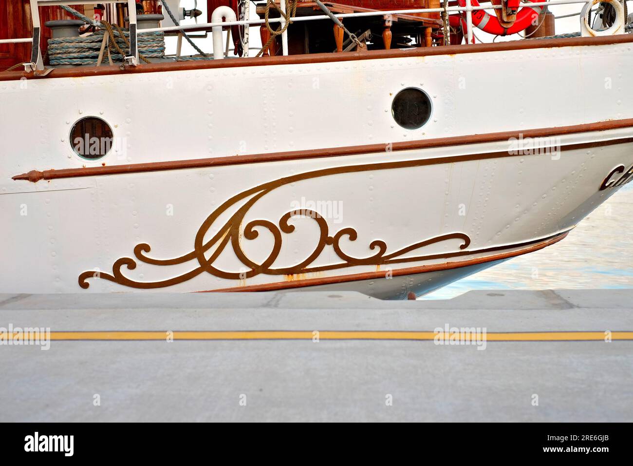 Decorative ornamental detail of a stern of a classic sailing tall ship ...