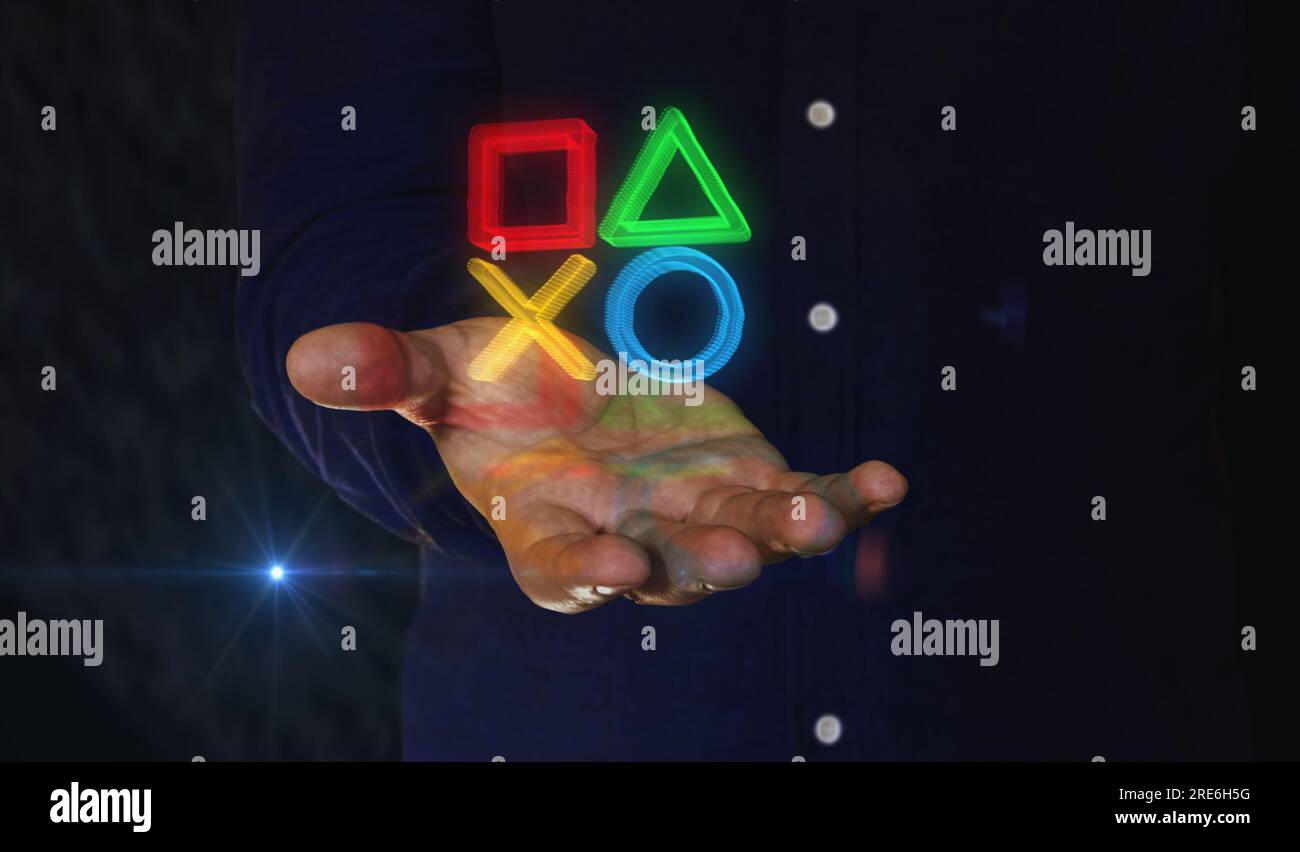 Joystick gaming console video play and cyber esports 3d symbol over man ...