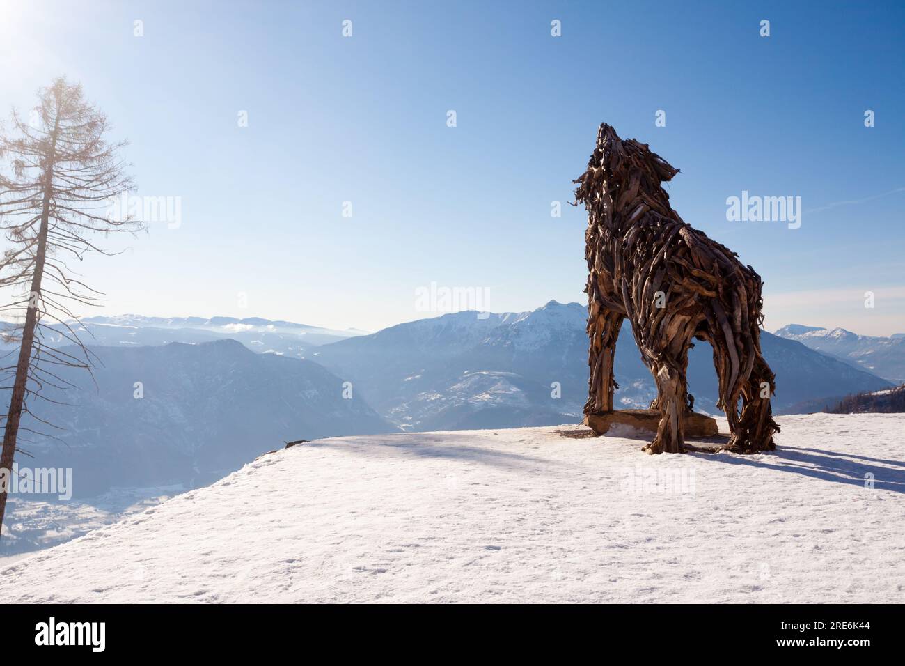 Wooden sculpture of a wolf made of tree branches. Vaia tempest wolf ...
