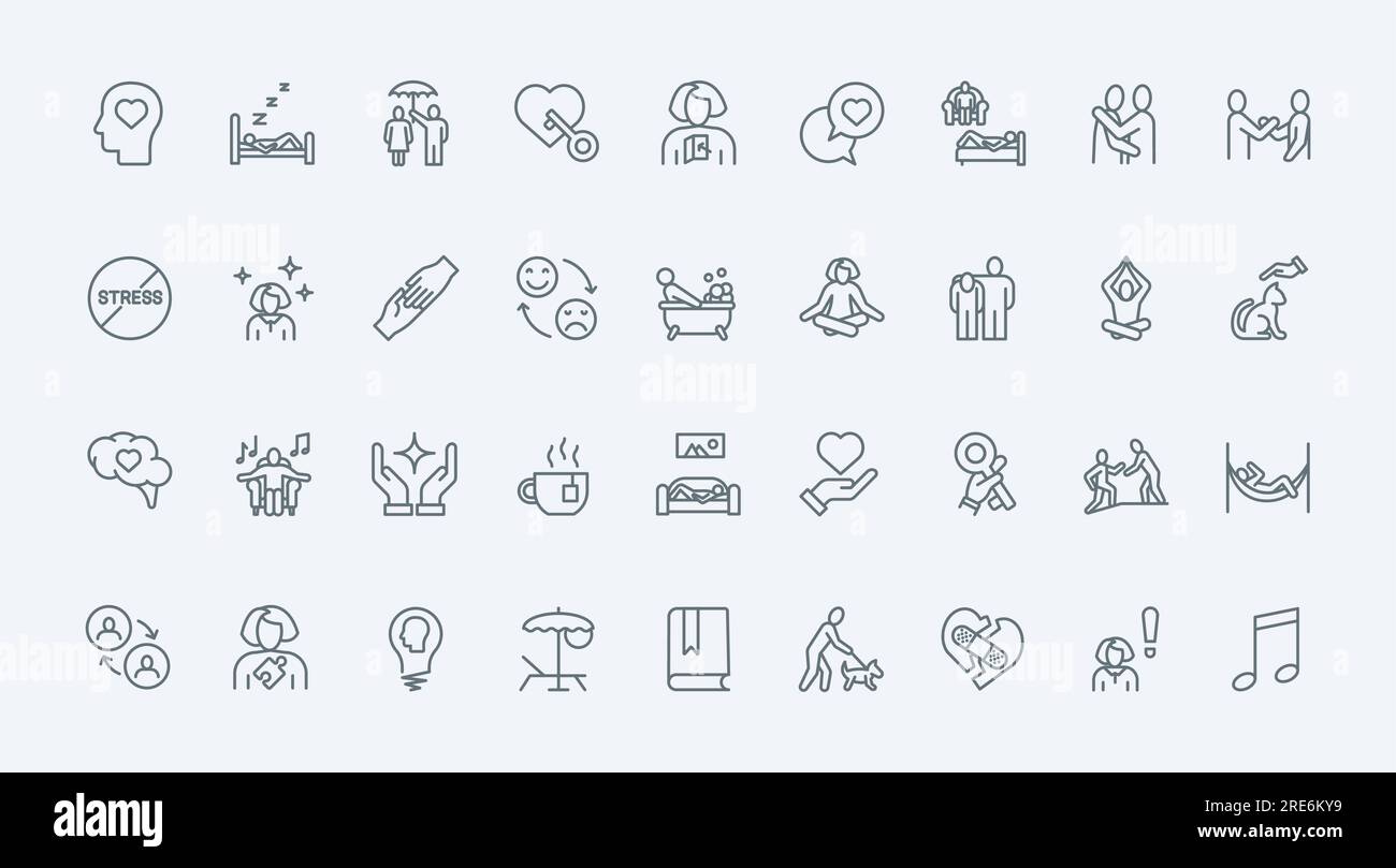 Help and support in stress, wellbeing thin line icons set vector ...