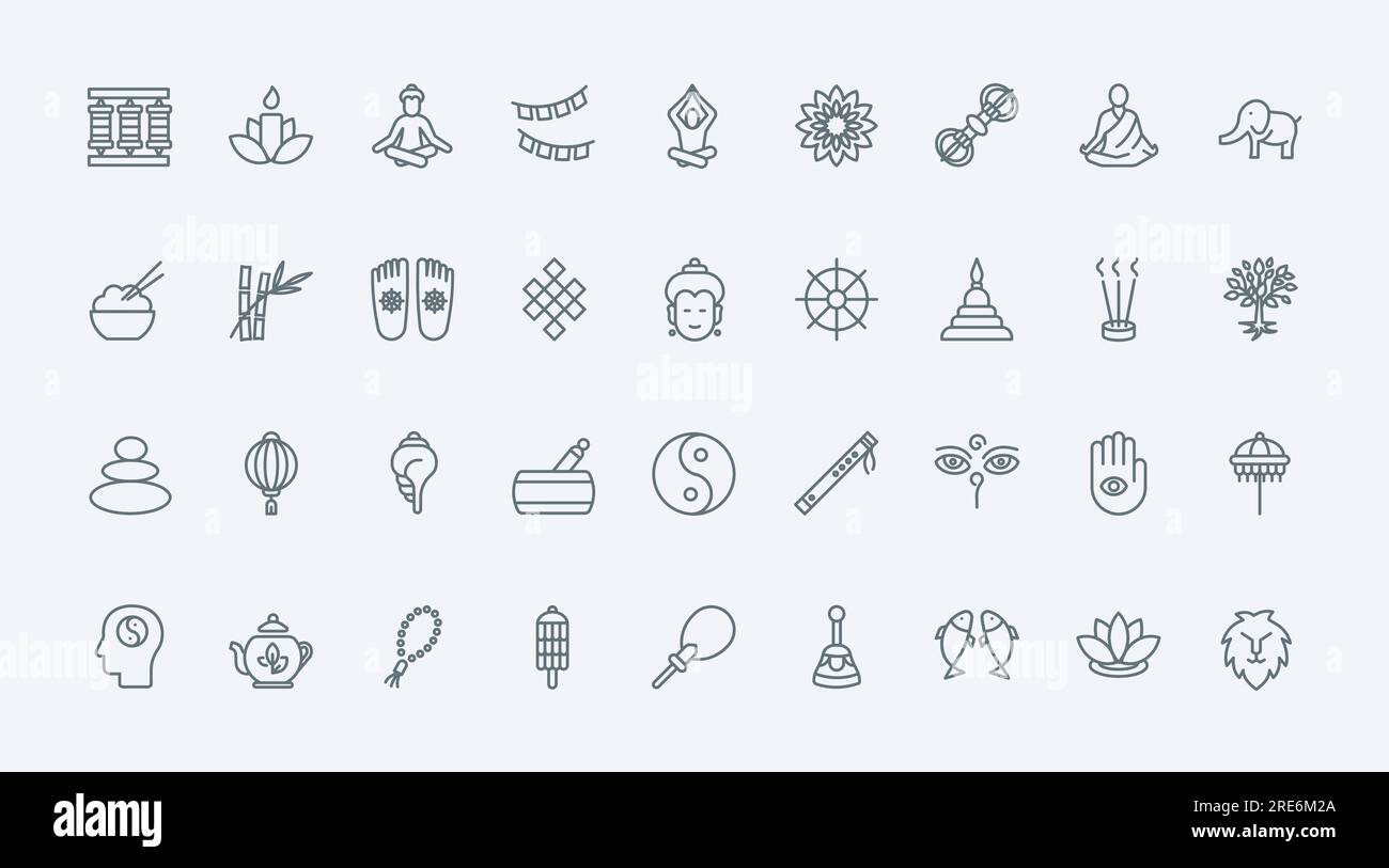 Buddhism thin black line icons set vector illustration. Thai temples and Buddha statue, holistic ...