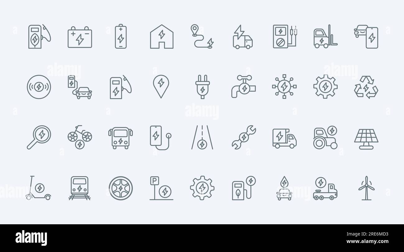 Electric vehicles and energy thin line icons set vector illustration. EV service symbols ...