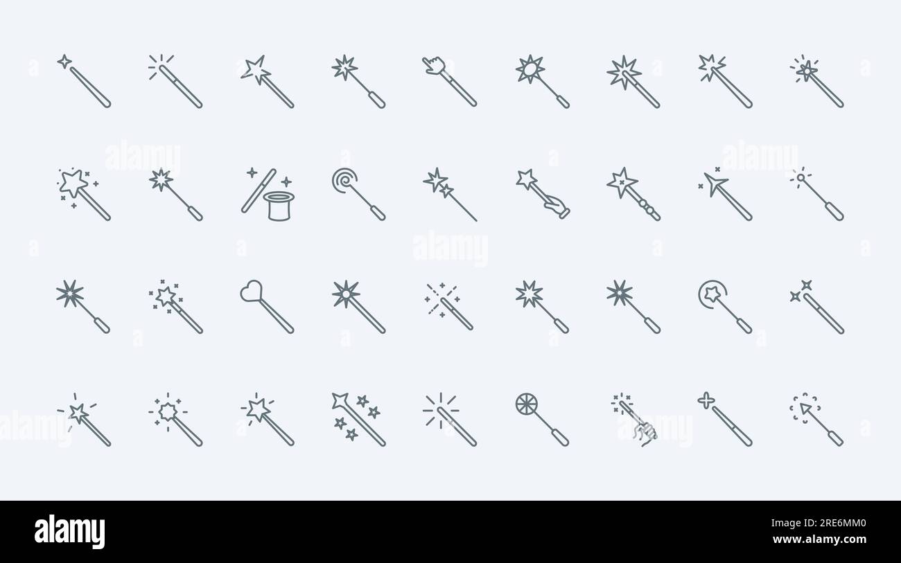 Magic wand thin line icons set vector illustration. Linear pictograms of wizards hand and hat ...