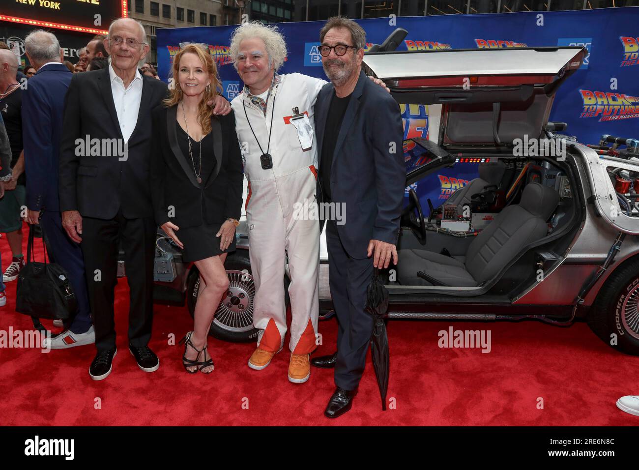 Actors Christopher Lloyd, from left, Lea Thompson and Roger Bart, and musician Huey Lewis ...