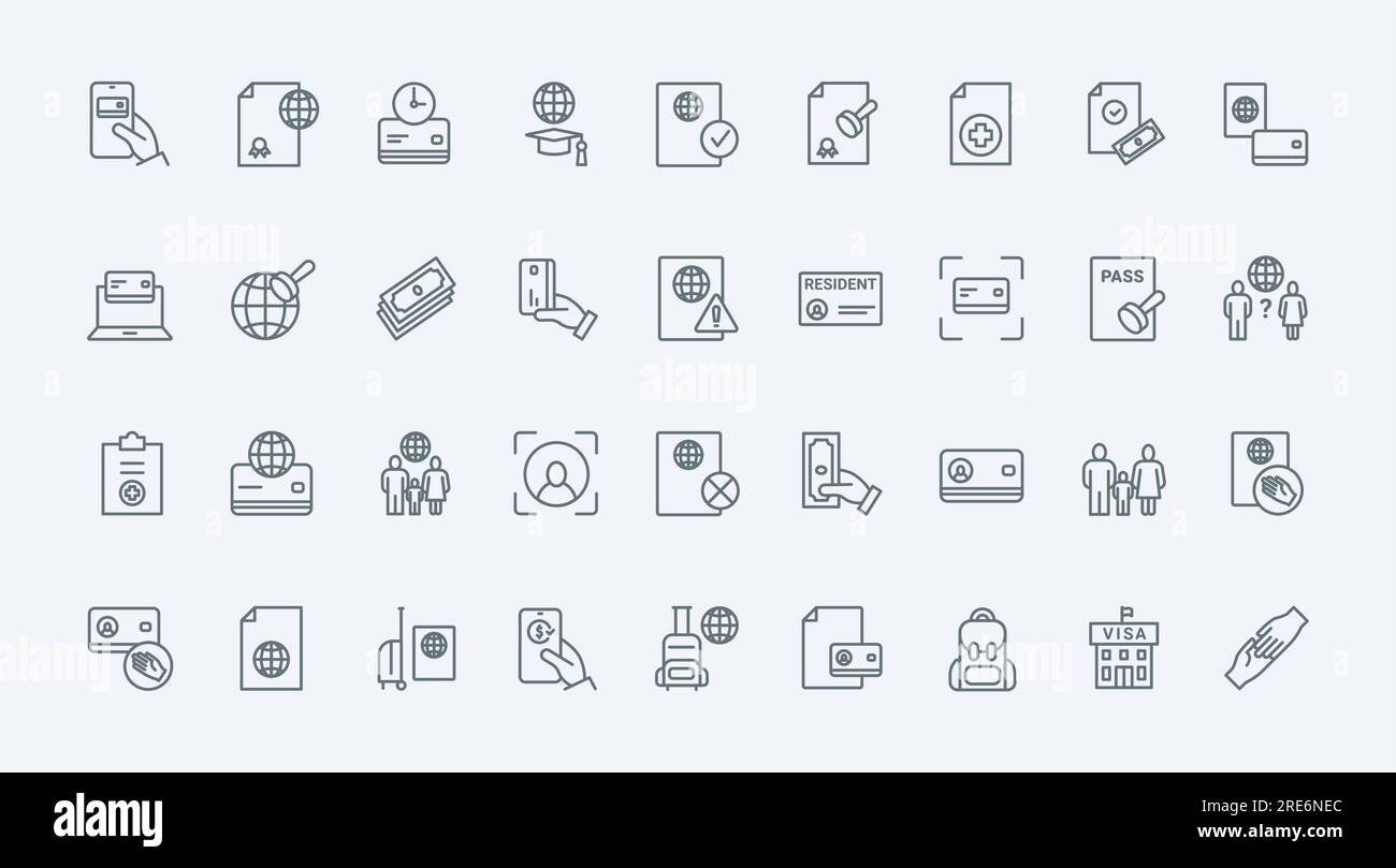 Visa approval and registration thin line icons set vector illustration ...