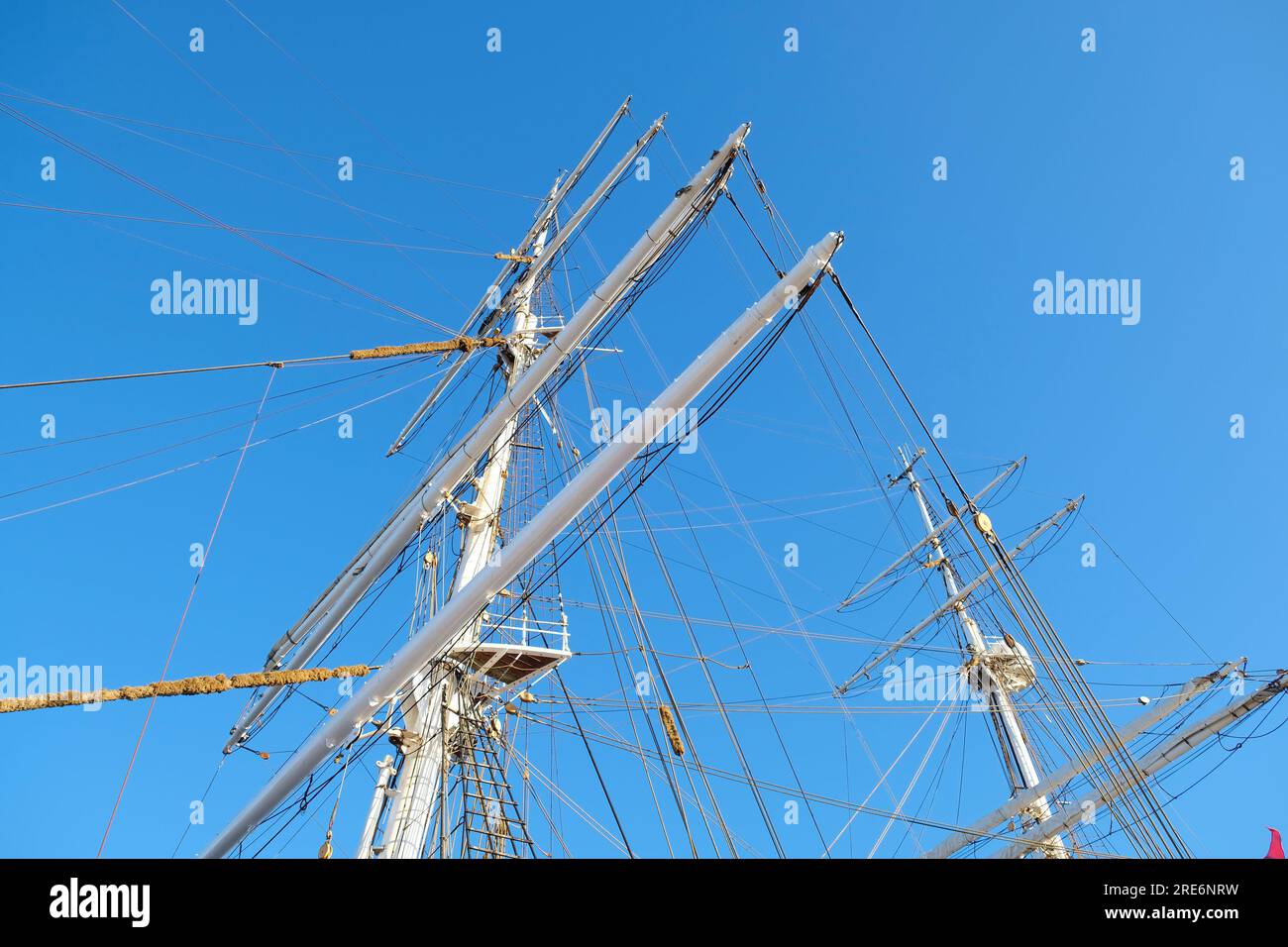 Yards and masts of a romantic classic sailing ship, visible shrouds ...