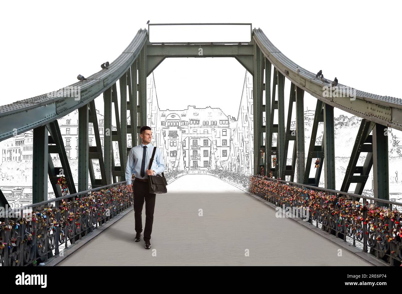 From idea to action. Happy business man crossing bridge leaving behind ...