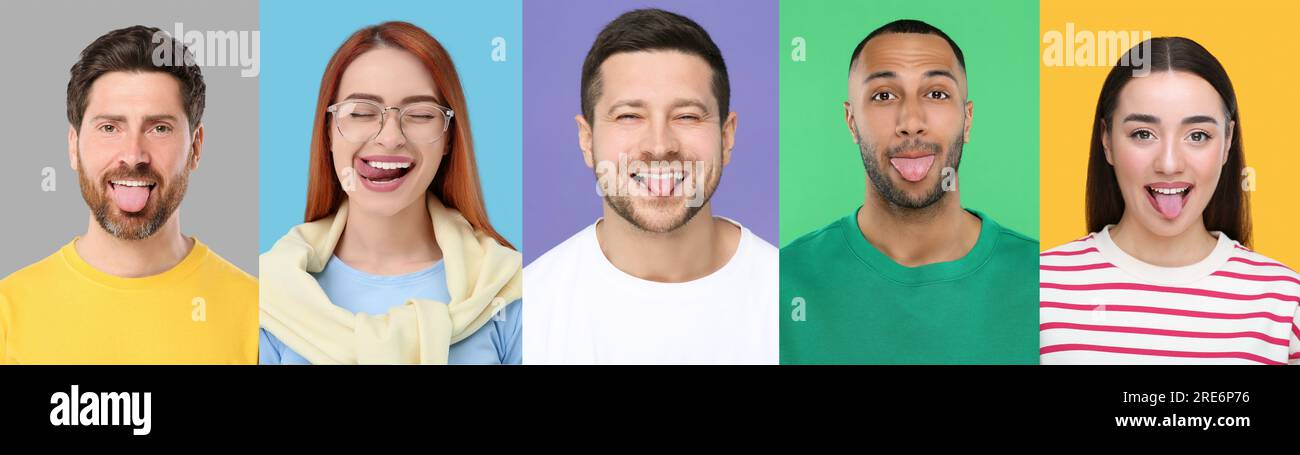 Collage with photos of people showing their tongues on different color ...