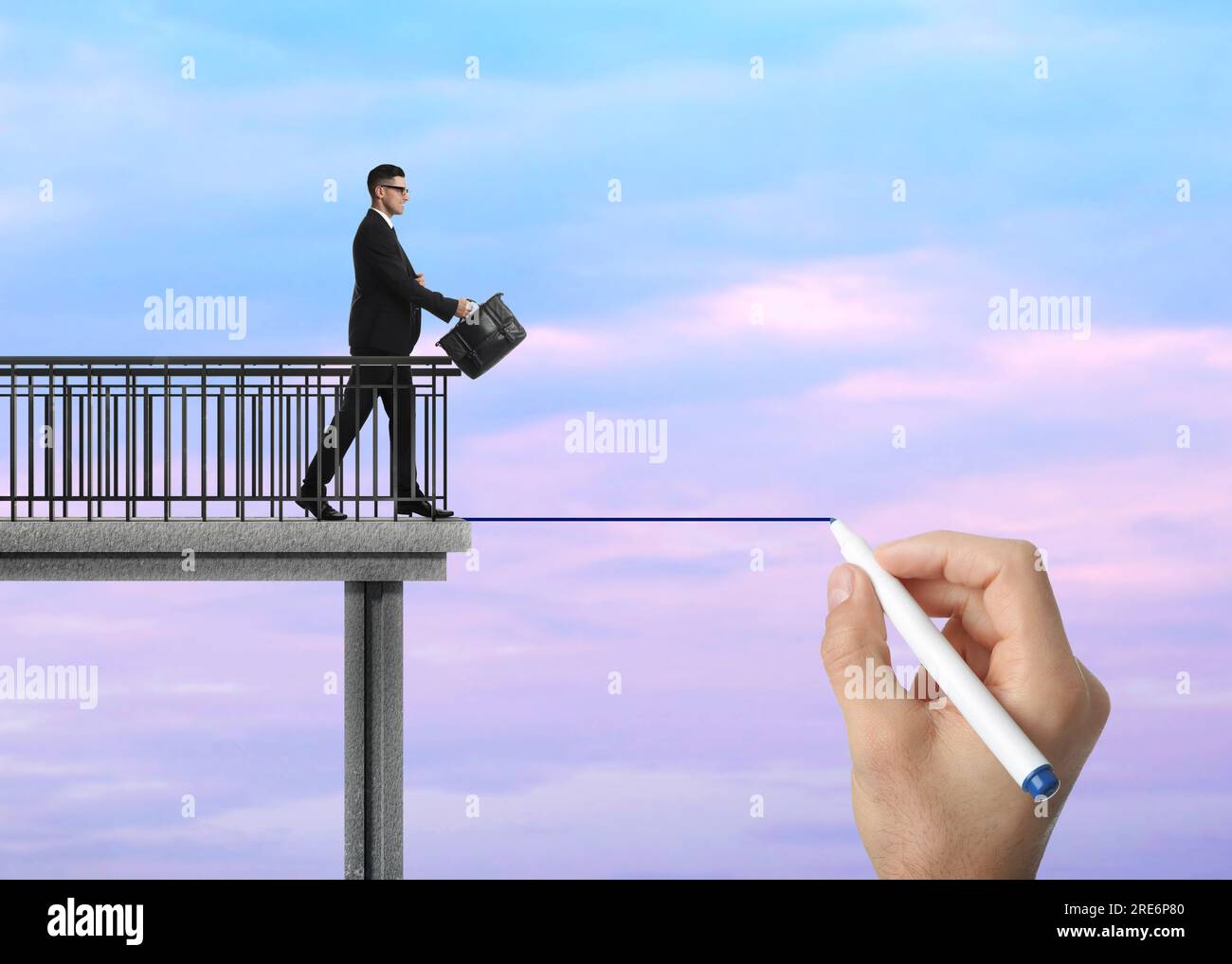 Support or partnership concept. Man drawing bridge to help businessman ...