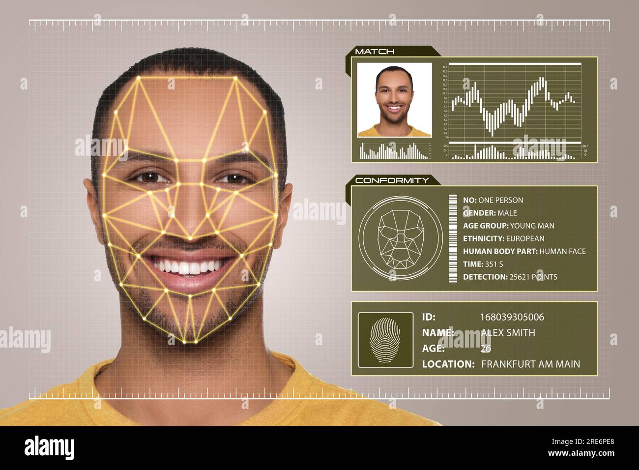 Facial Recognition System Man With Digital Biometric Grid And Personal