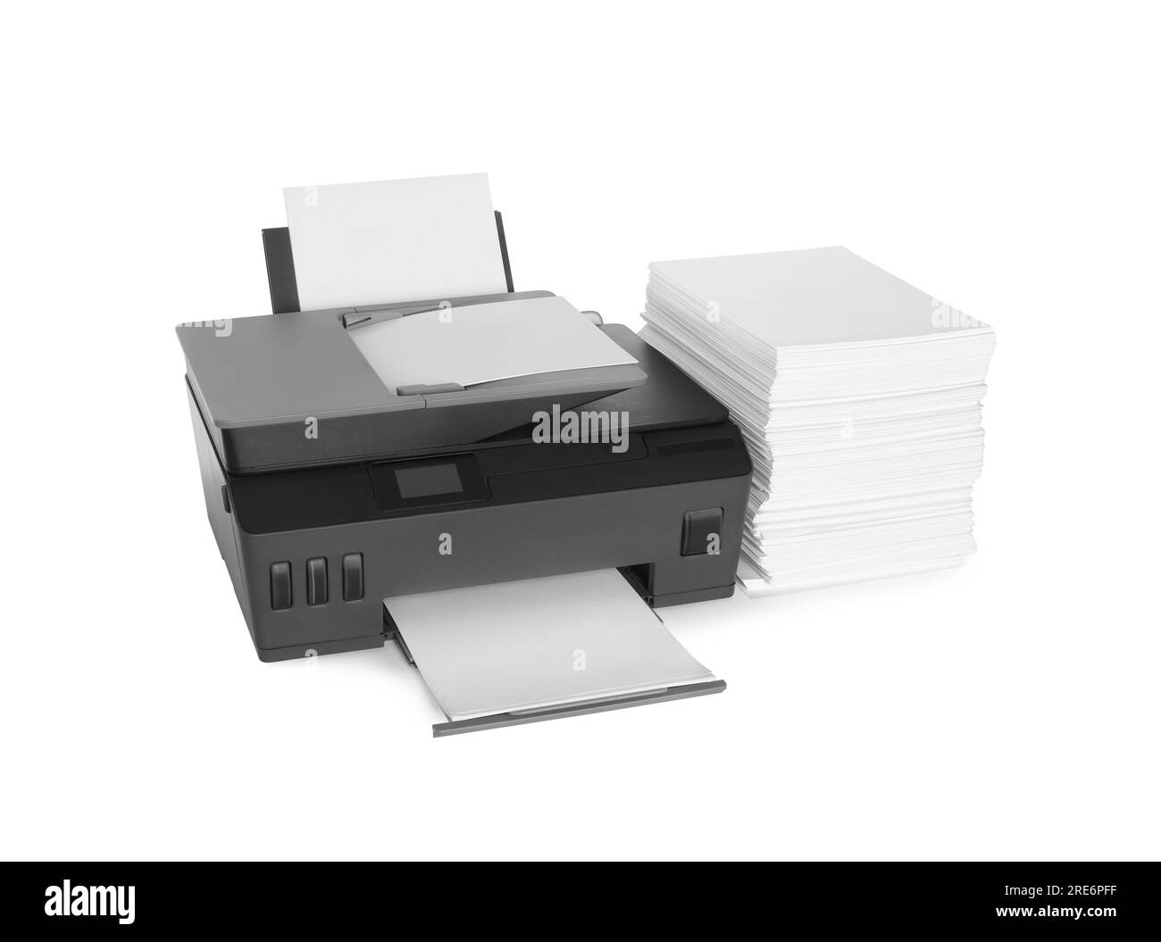 Modern printer and stack of paper on white background Stock Photo - Alamy