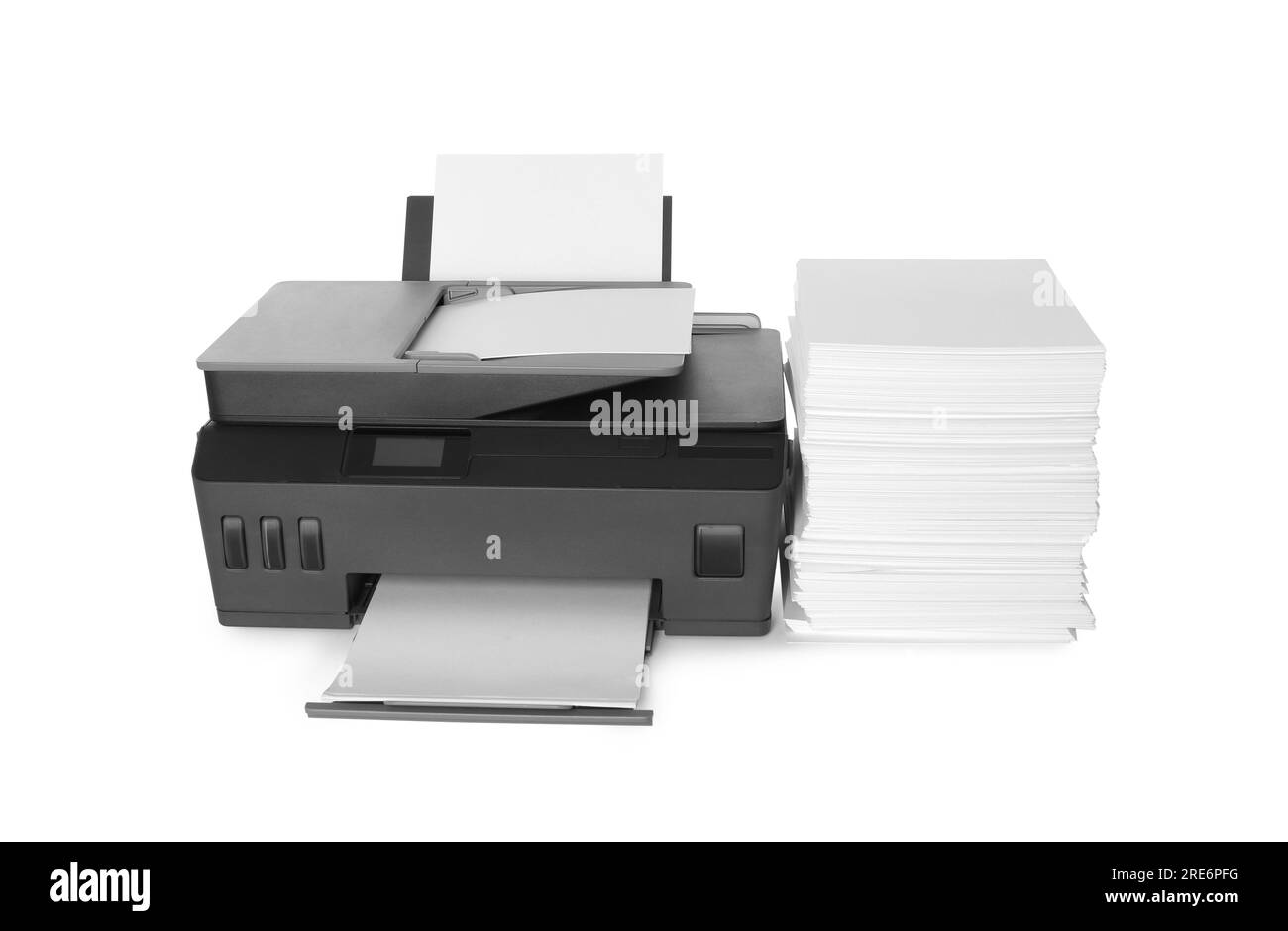 Modern printer and stack of paper on white background Stock Photo - Alamy
