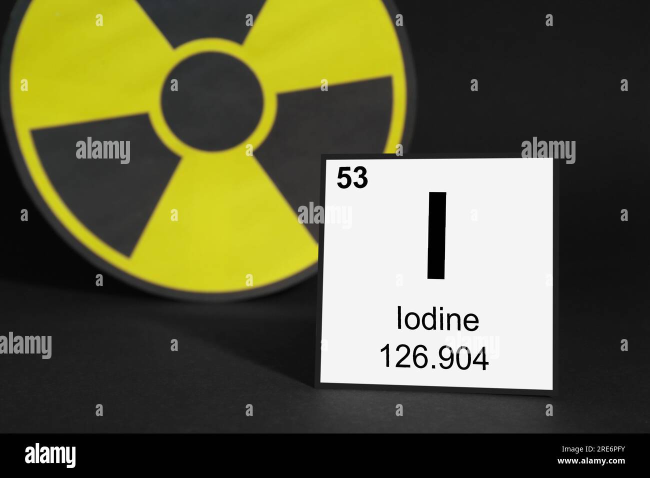 Card with chemical element Iodine and radiation sign on black ...