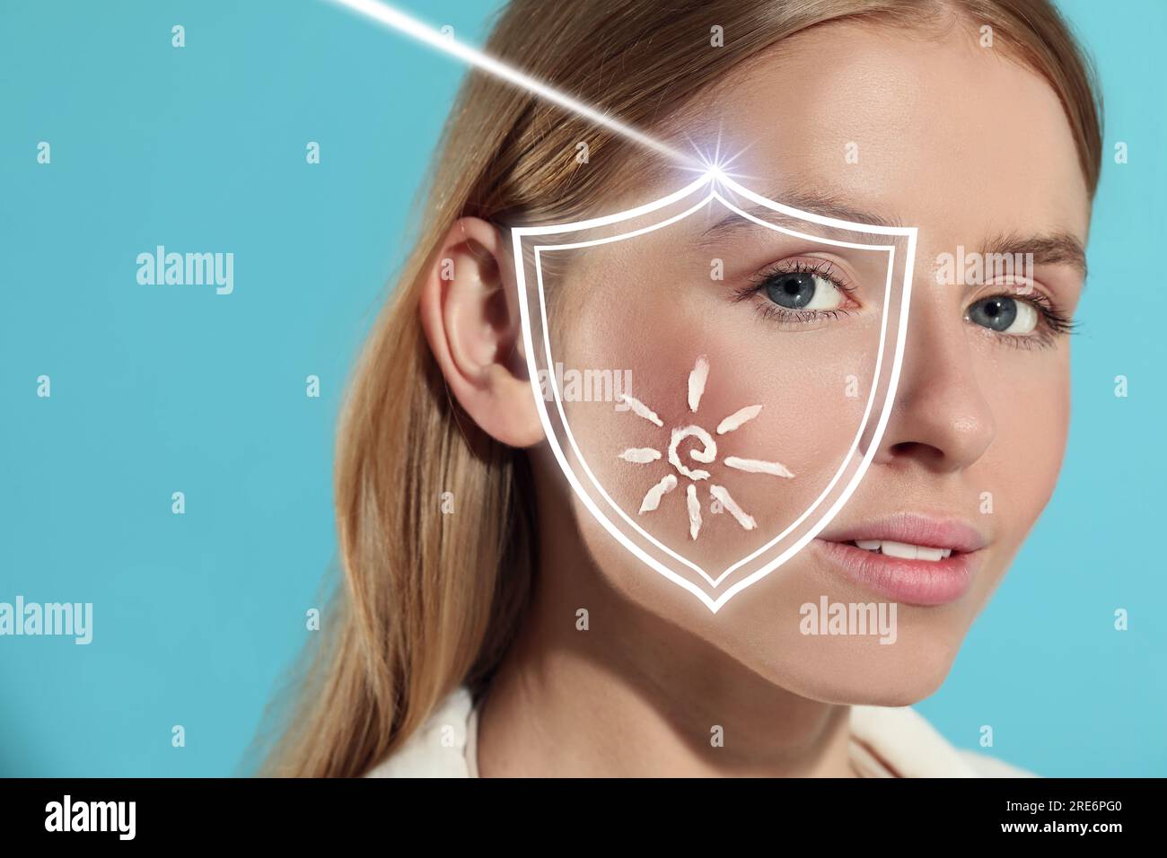 Sun protection care. Beautiful woman with sunscreen on face against ...