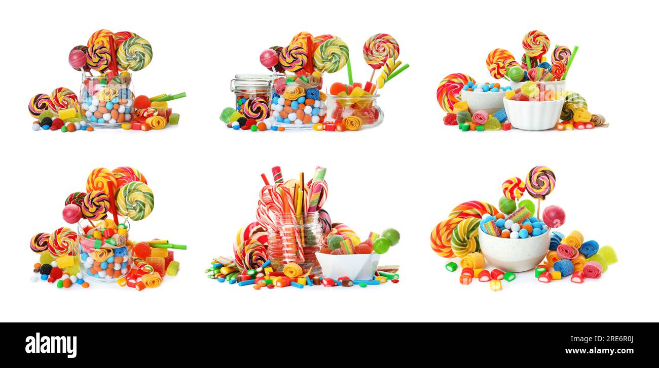 Collage with different sweet candies isolated on white Stock Photo - Alamy