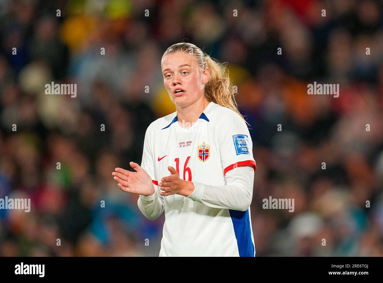 July 25 2023: Mathilde Harviken (Norway) looks on during a Group A ...