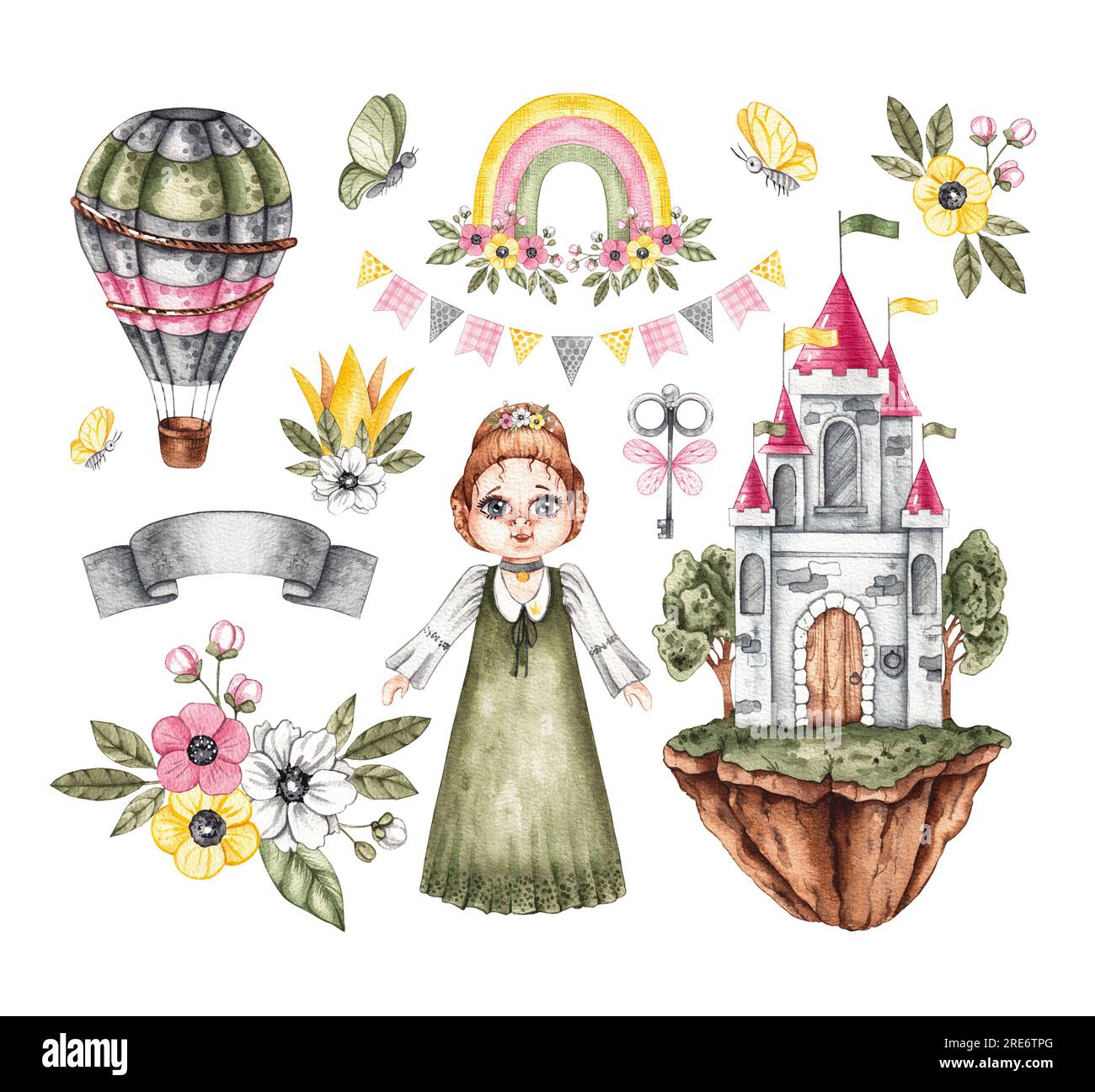 Fairytale princess and castles in the air set on a white background ...