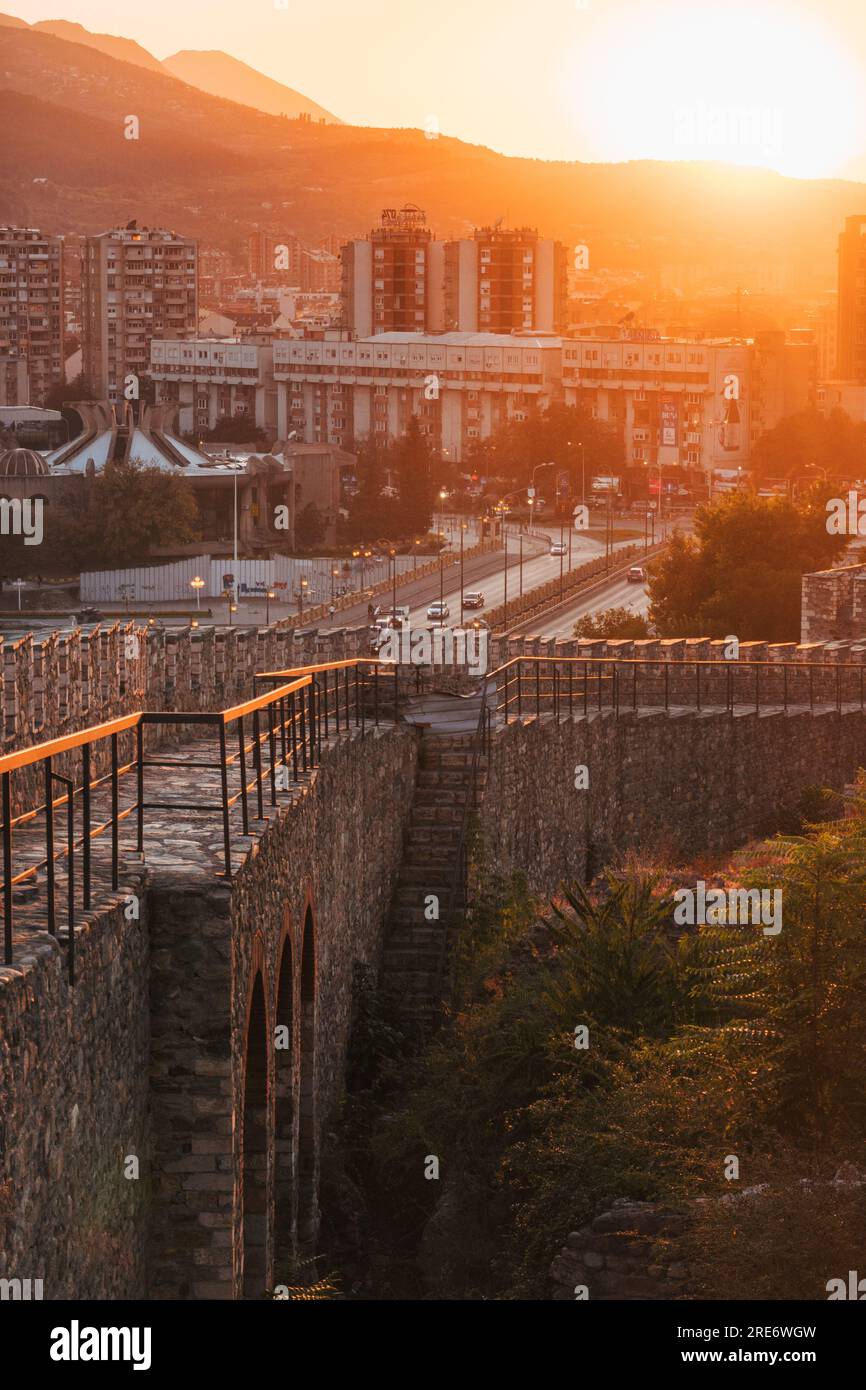 Sun sets on stone walls at Kale Fortress, Skopje, North Macedonia. The ...