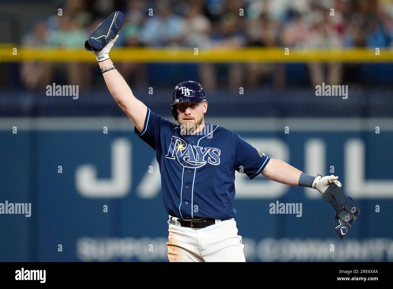 Tampa Bay Rays' Luke Raley celebrates his double off Miami Marlins ...