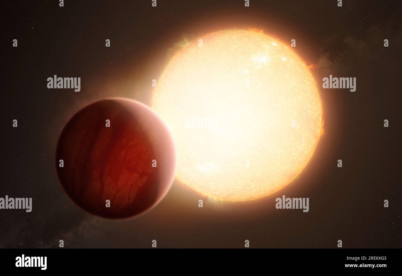 Ultra-hot exoplanet transiting in front of host star, illustration ...