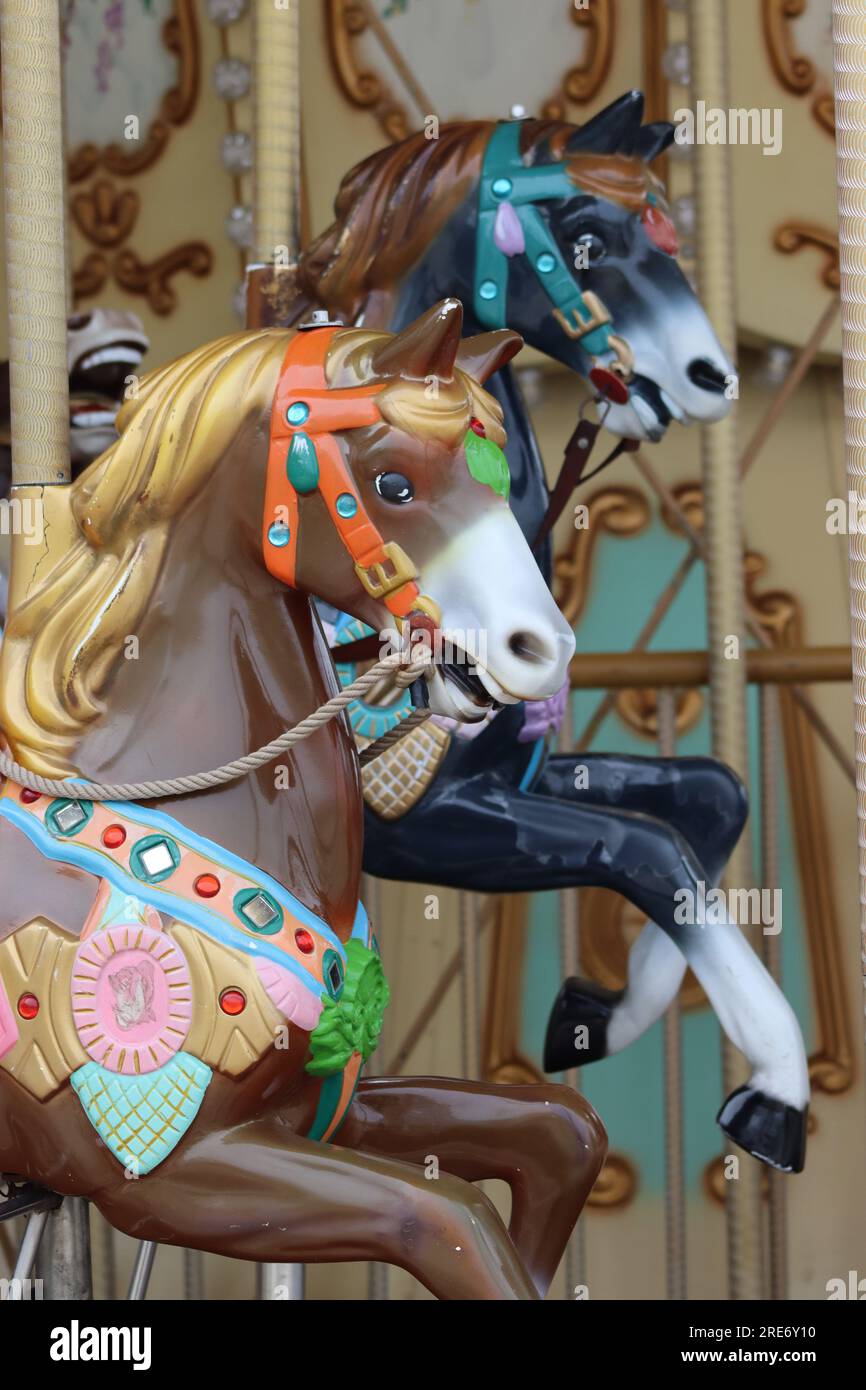 Clolourful traditional galloper carousel horses, showing hand painted ...