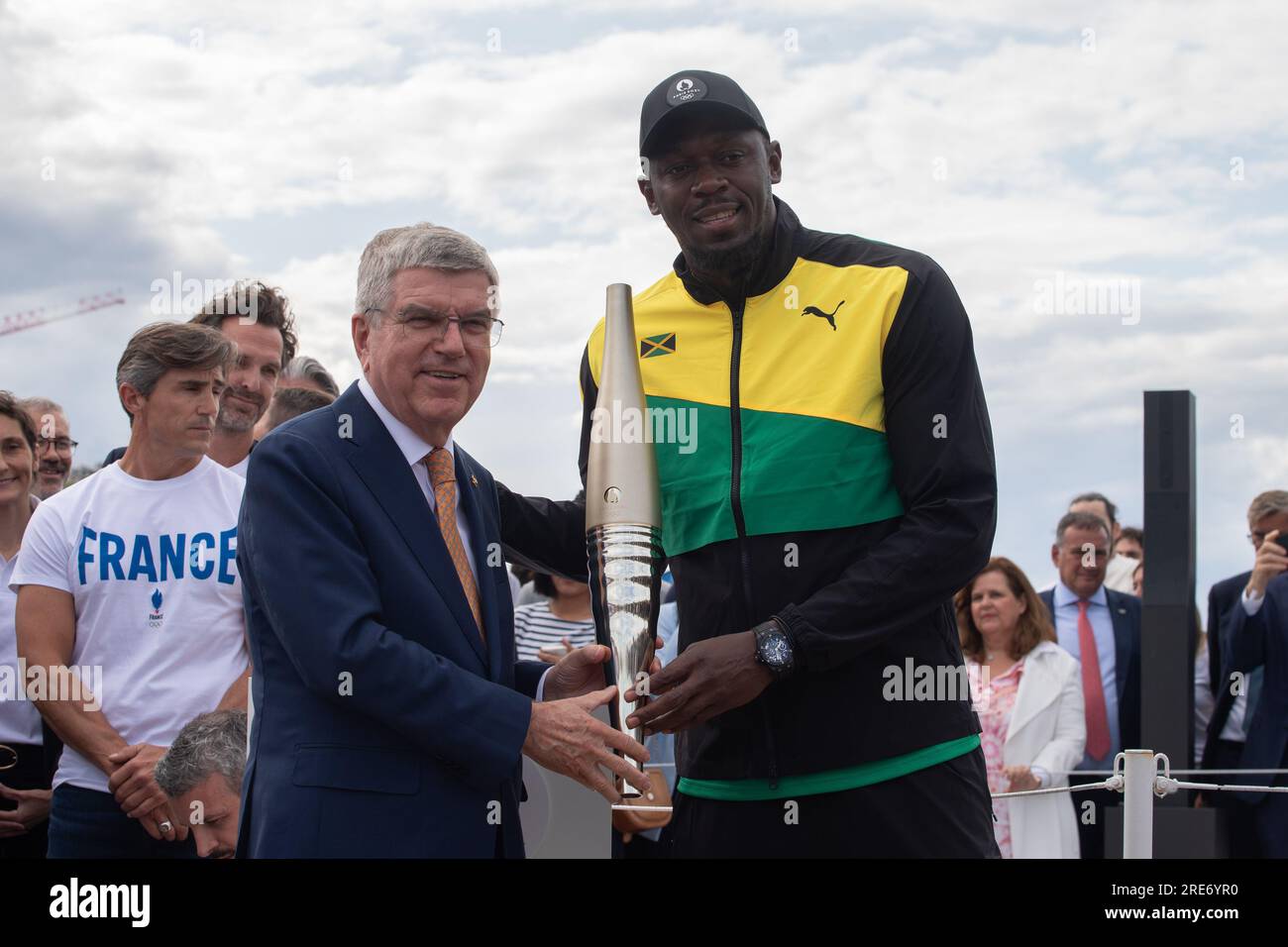 Paris, France. 25th July, 2023. Jamaican sprinter Usain Bolt (R) and ...