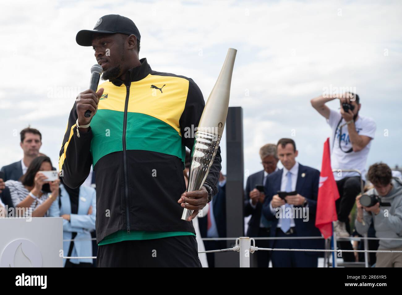 Paris, France. 25th July, 2023. Jamaican sprinter Usain Bolt poses with ...