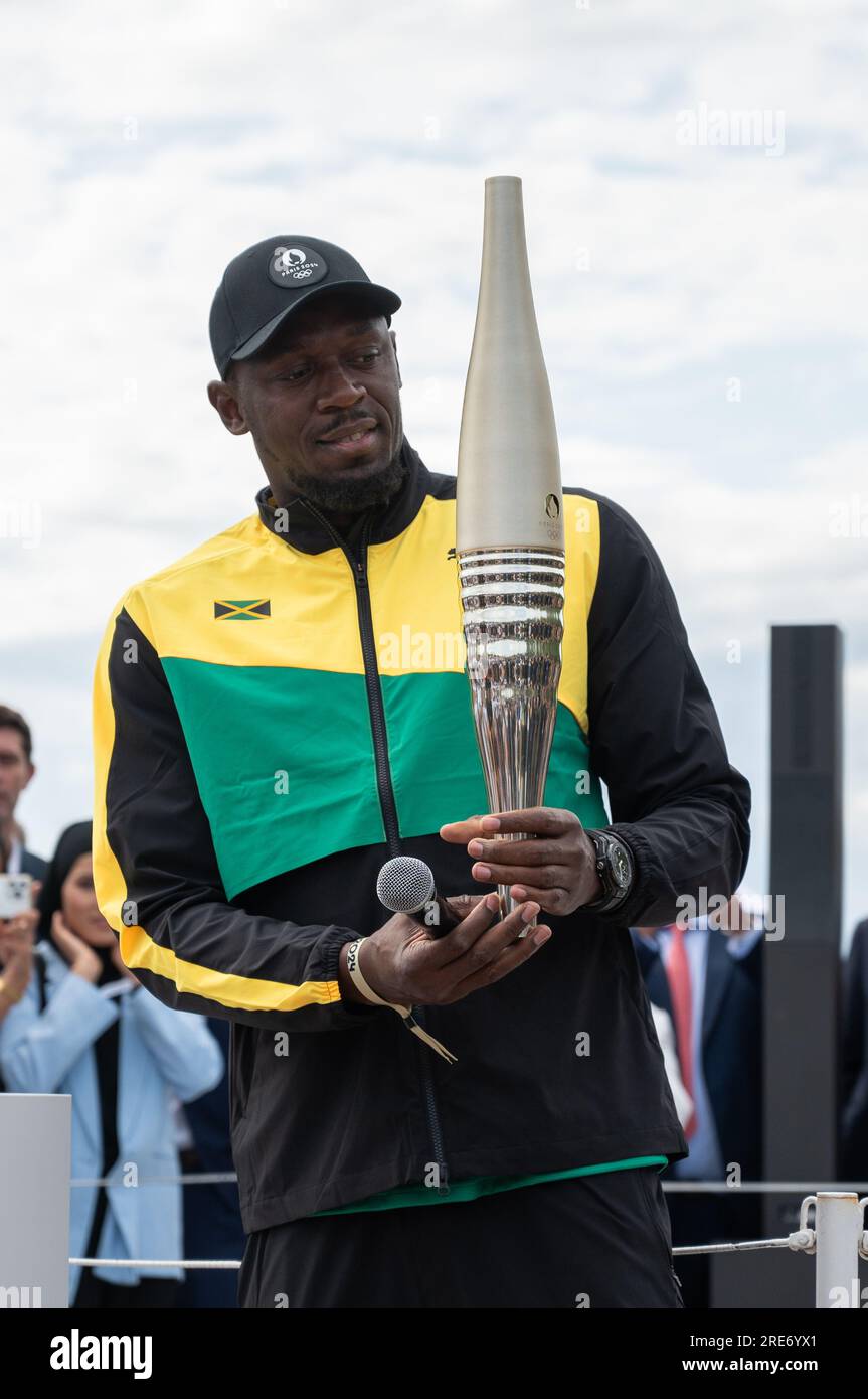 Paris, France. 25th July, 2023. Jamaican sprinter Usain Bolt holds the ...