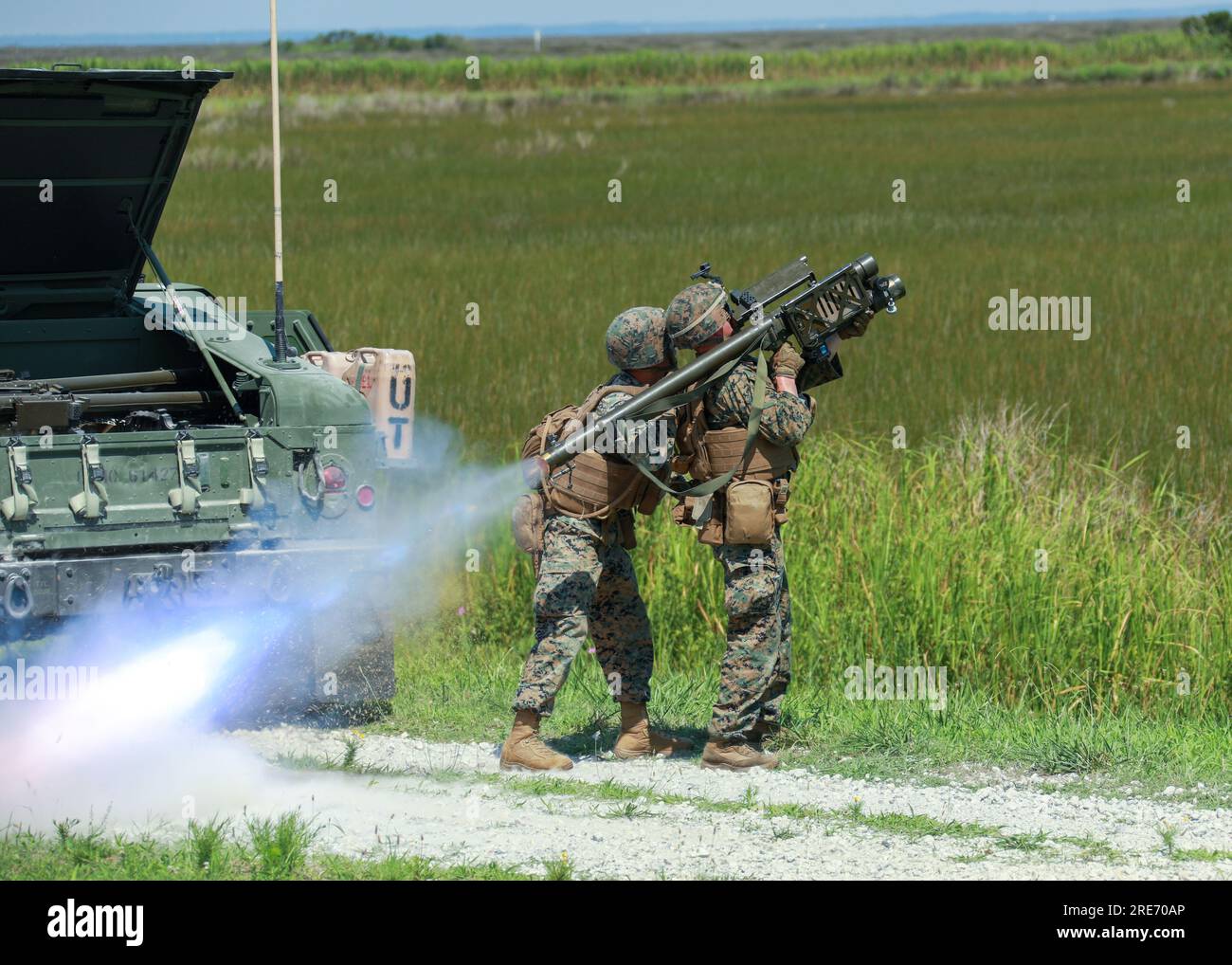 U.S. Marines with 2nd Low Altitude Air Defense (LAAD) Battalion, fire a ...