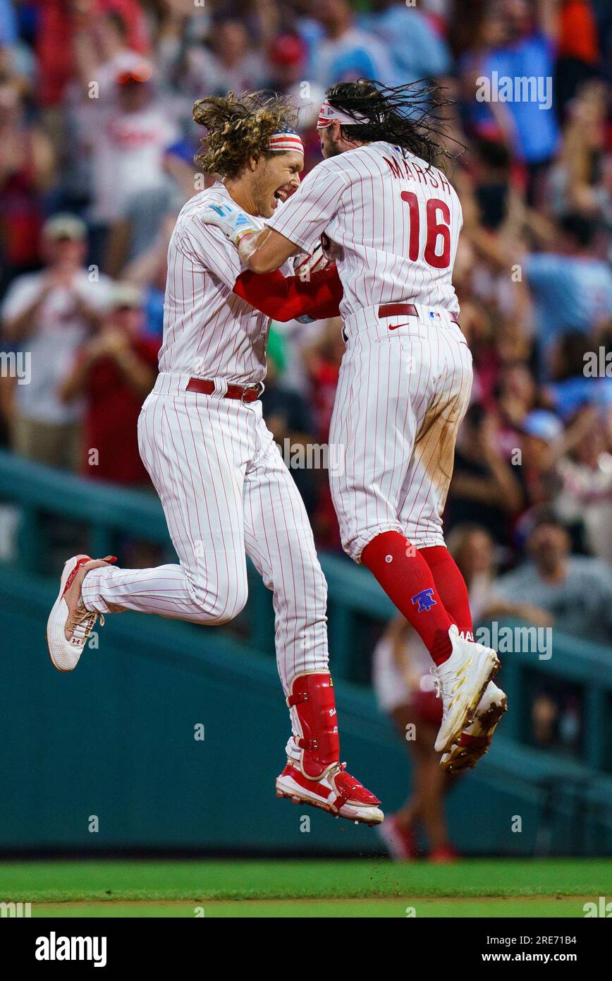 Philadelphia Phillies' Alec Bohm, left, with Brandon Marsh after the ...