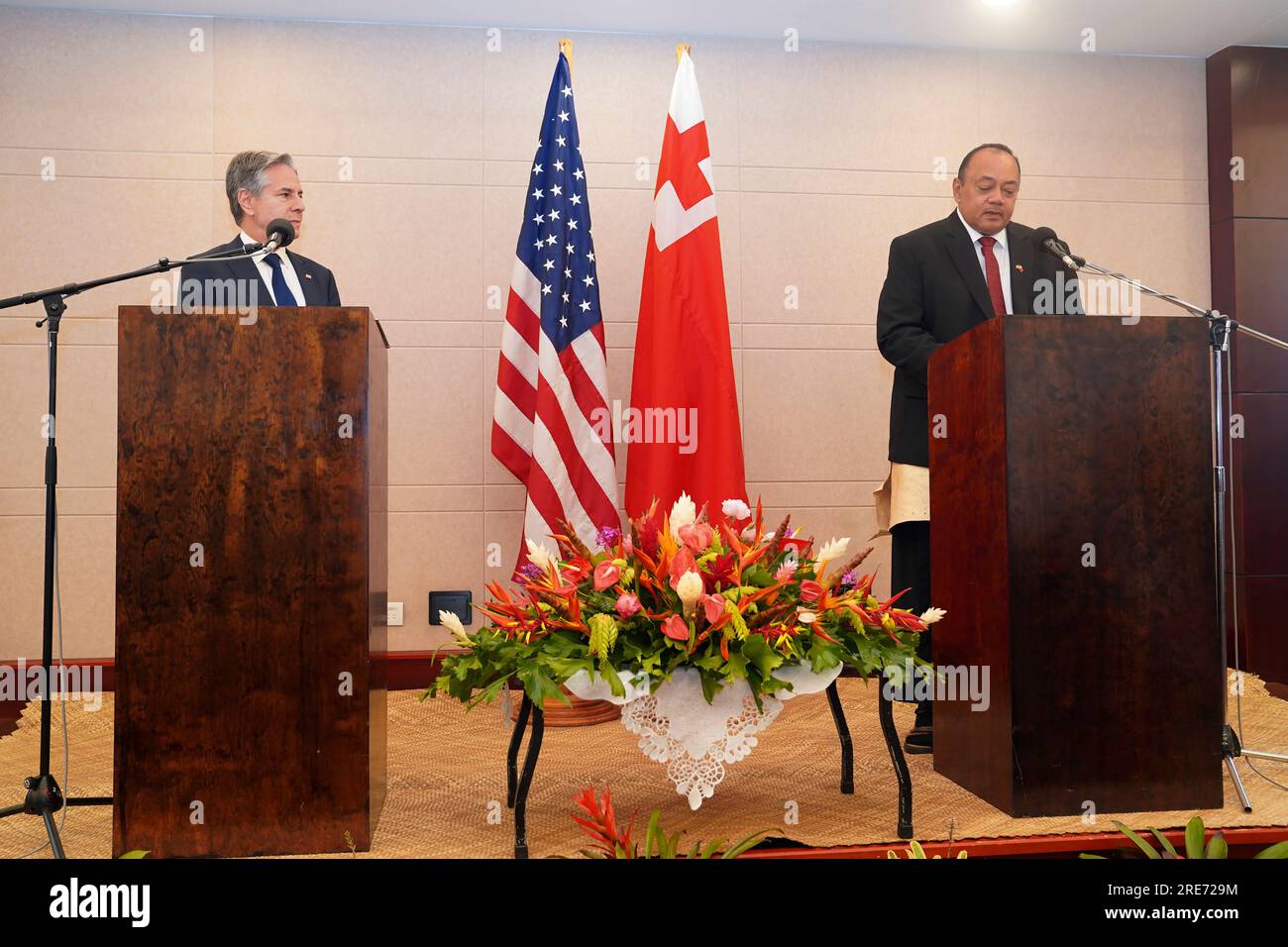 U.S. Secretary of State Antony Blinken, left, listens to Tonga's Prime ...