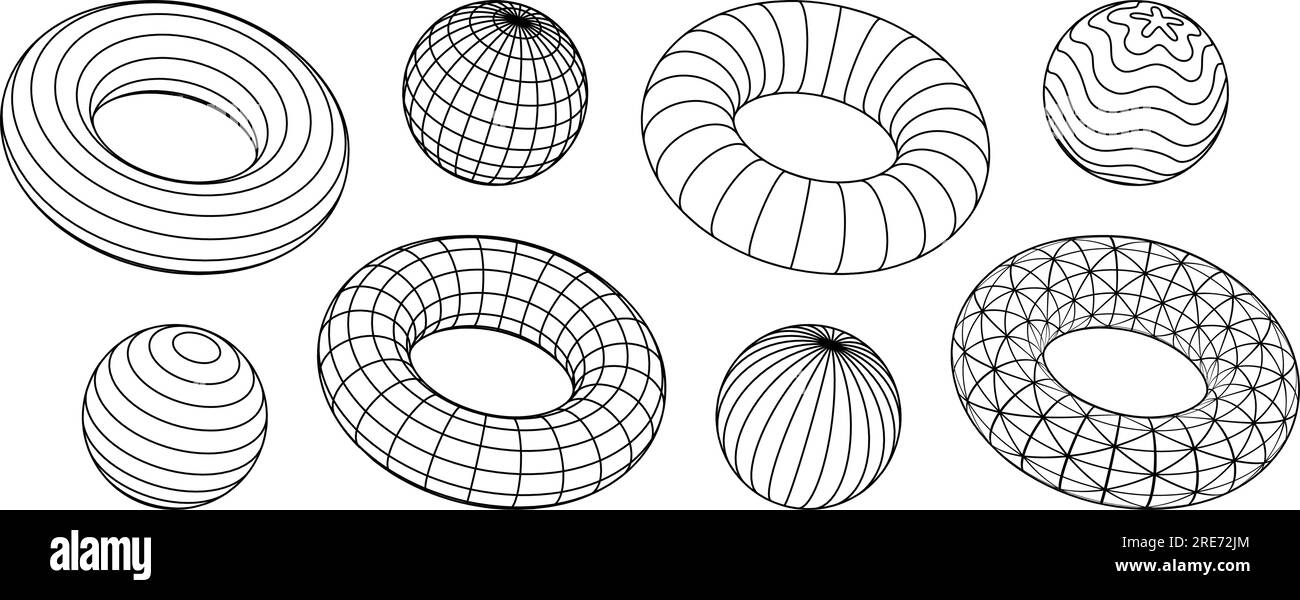 Wireframe Torus And Spheres Collection 3d Outline Grid Shapes With Different Patterns Black