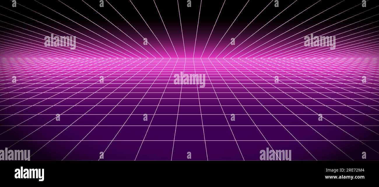 Retro futuristic grid background vanishing in distance. Bright neon pink glowing tile floor and ...