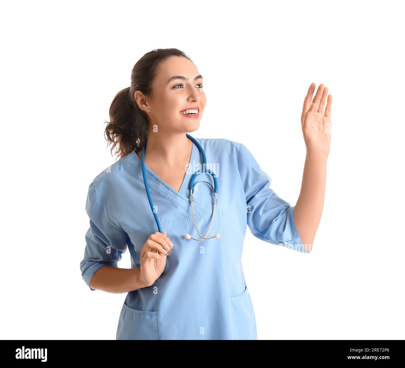 Female medical assistant with stethoscope on white background Stock ...