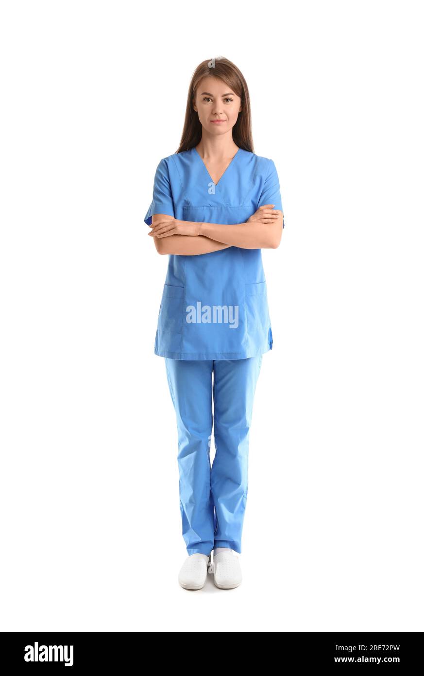 Female medical assistant in blue uniform on white background Stock ...
