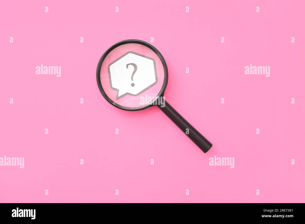 Speech bubble with question mark and magnifier on pink background Stock ...