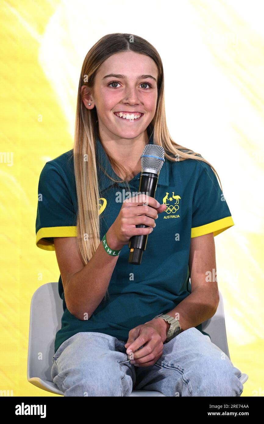Sydney, Australia. 26th July, 2023. Skateboarder Chloe Covell speaks ...