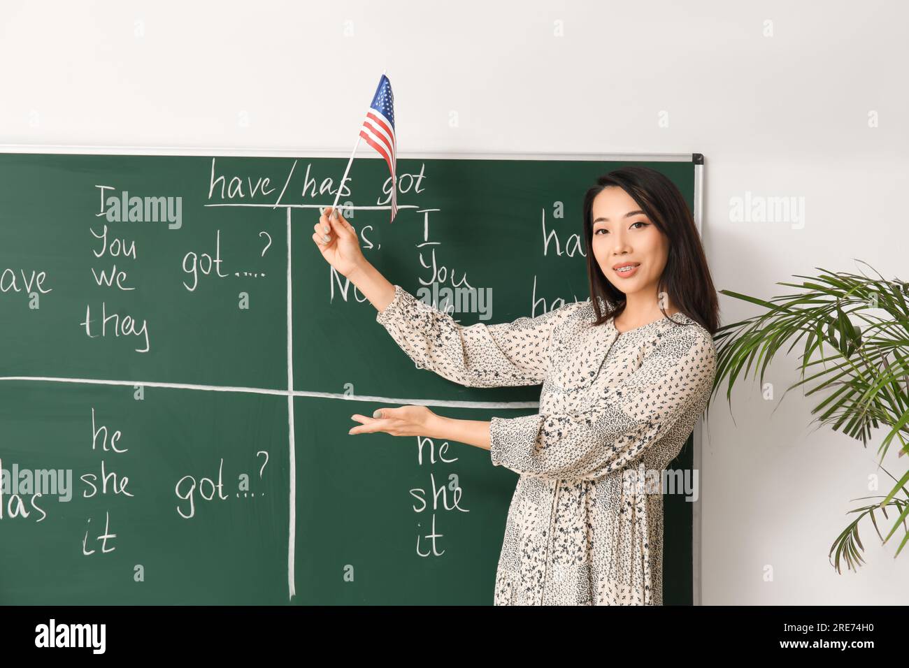 Female English teacher with USA flag conducting grammar lesson in ...