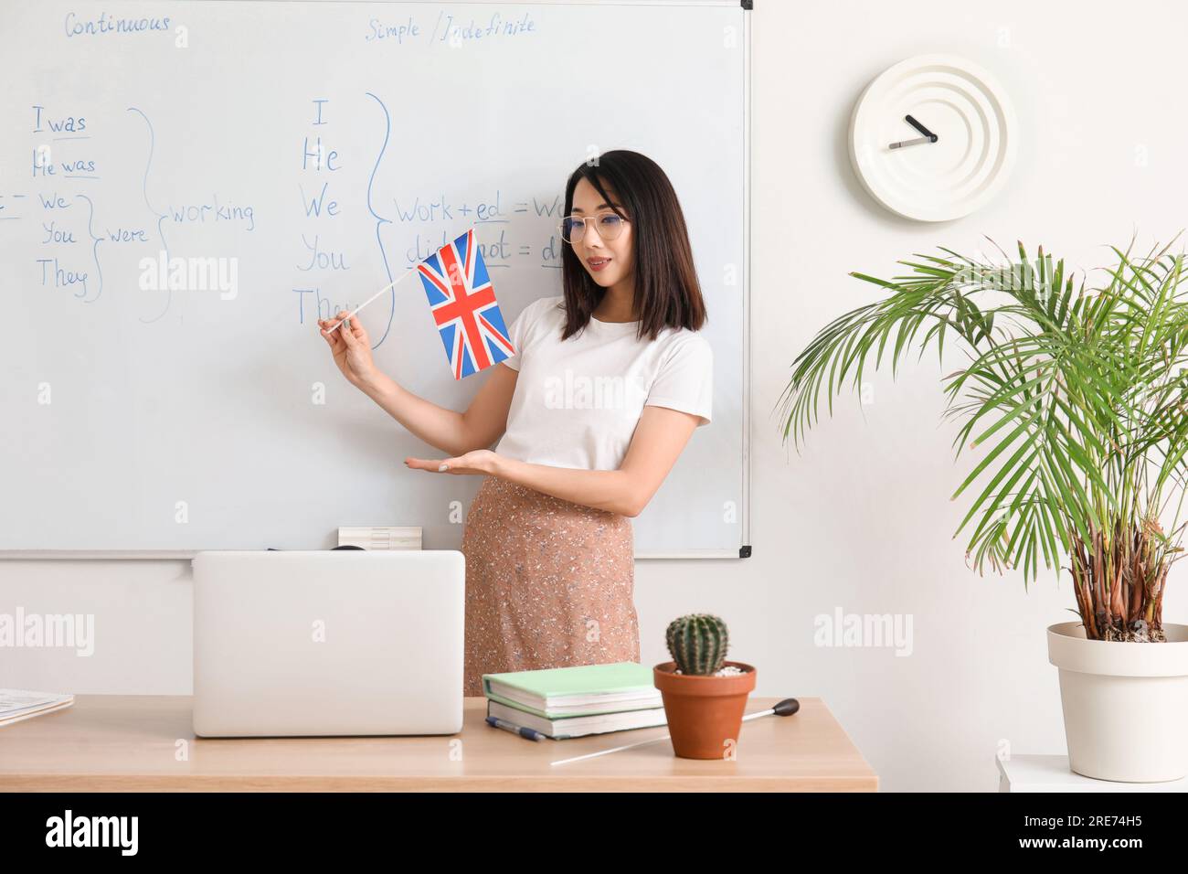 Female English teacher with UK flag conducting grammar lesson in ...