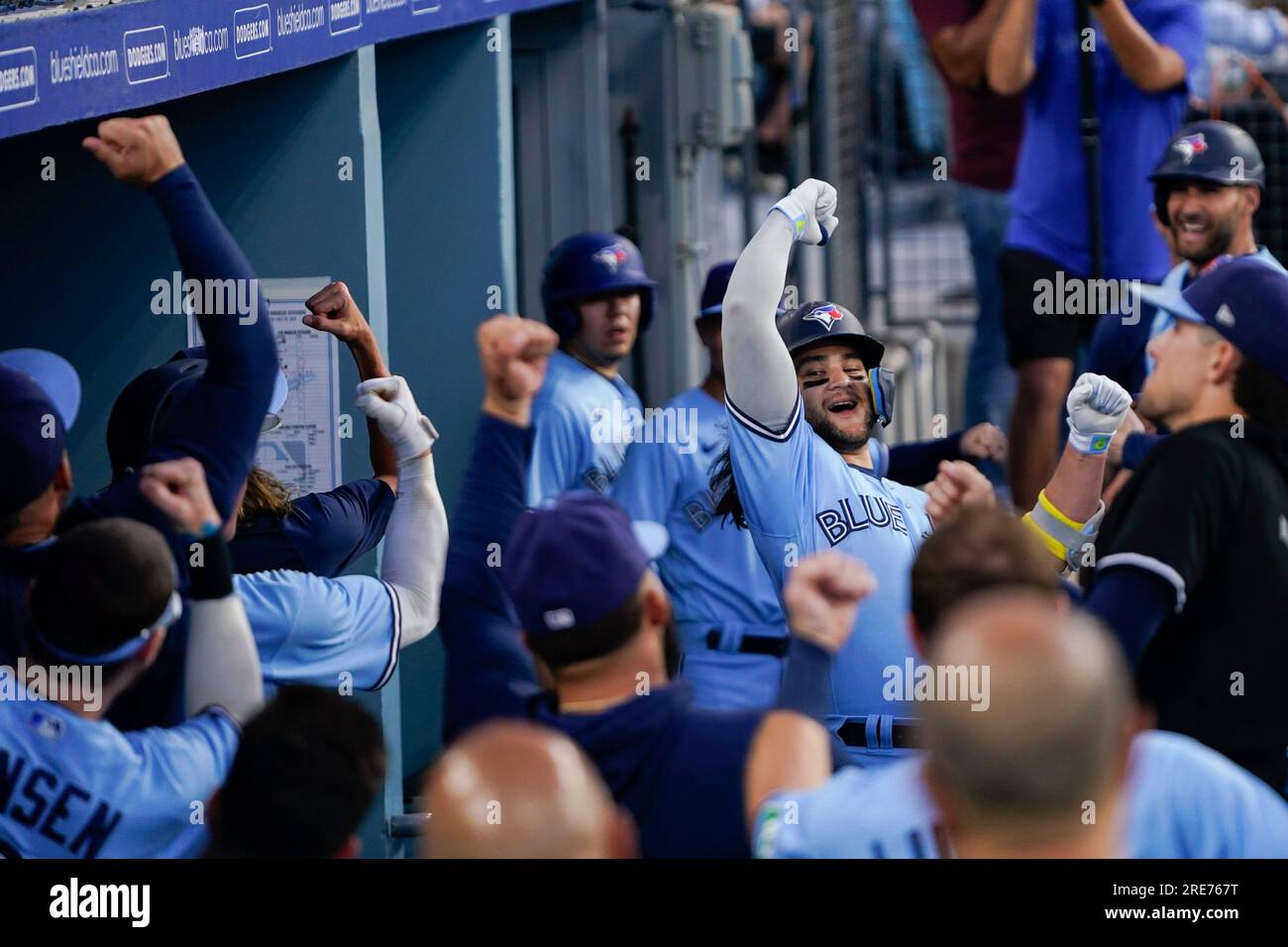 Toronto Blue Jays' Bo Bichette celebrates in the dugout after hitting a ...
