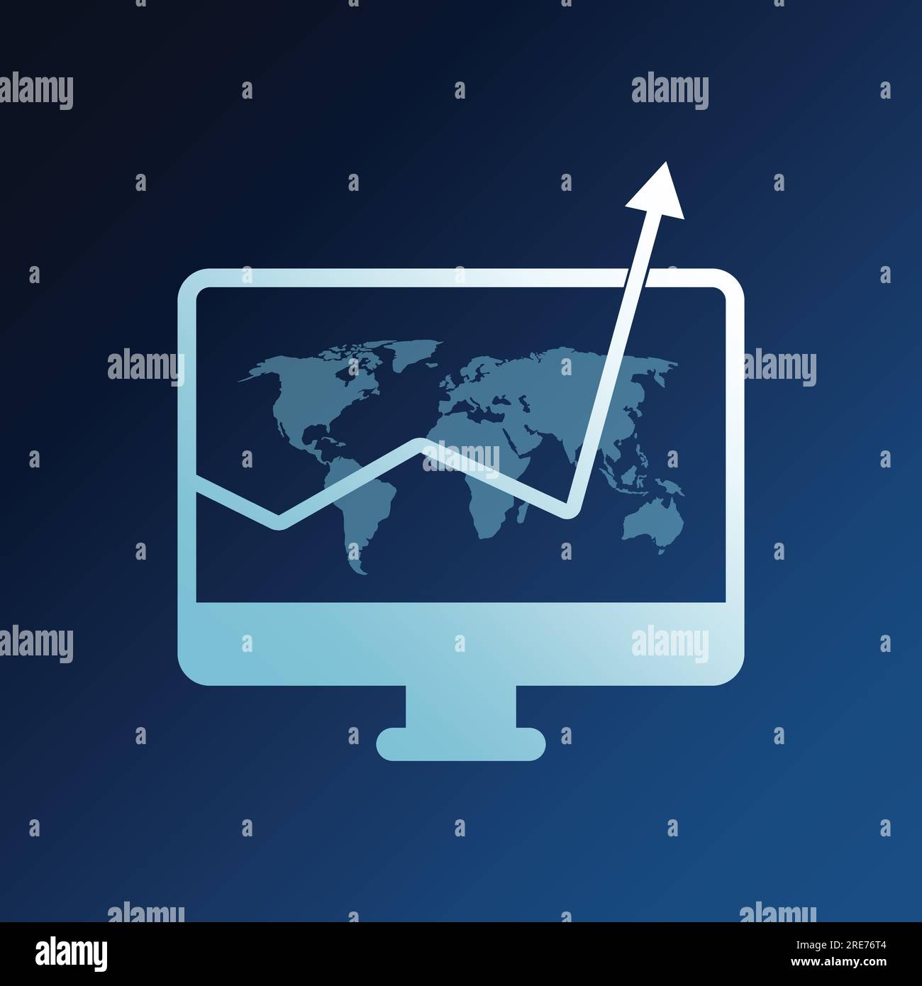 Computer monitor with growing rising arrow icon with world map on blue ...