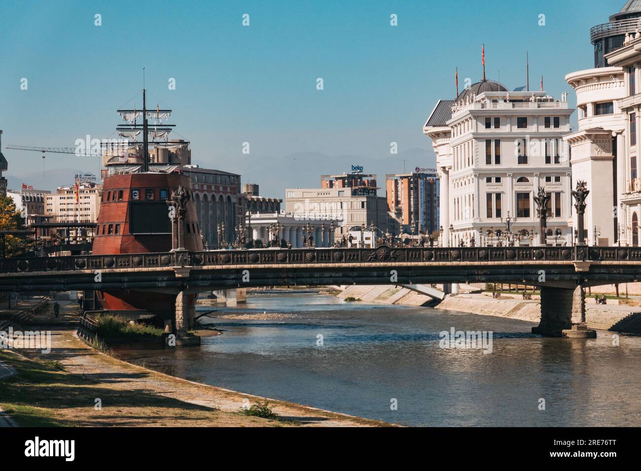 a fake galleon ship in the Vardar River in Skopje, North Macedonia. The ...