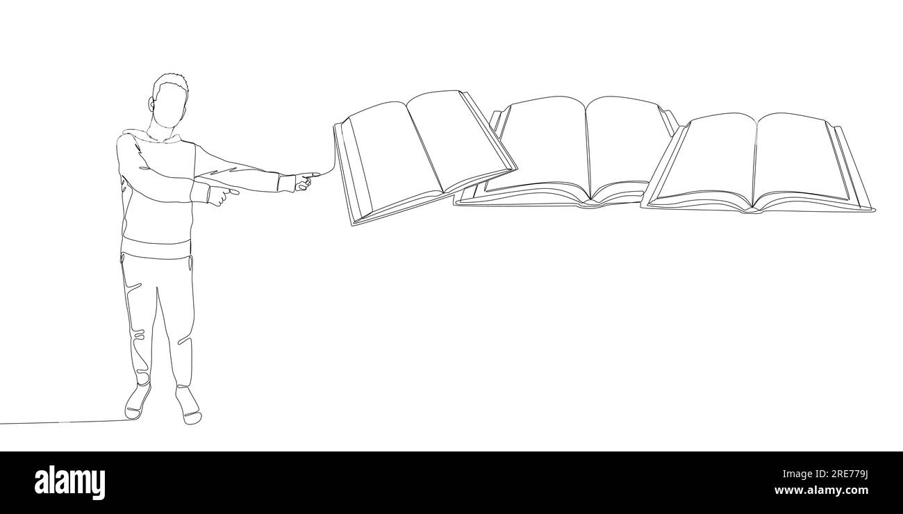 One continuous line of Man pointing with finger at book. Thin Line ...