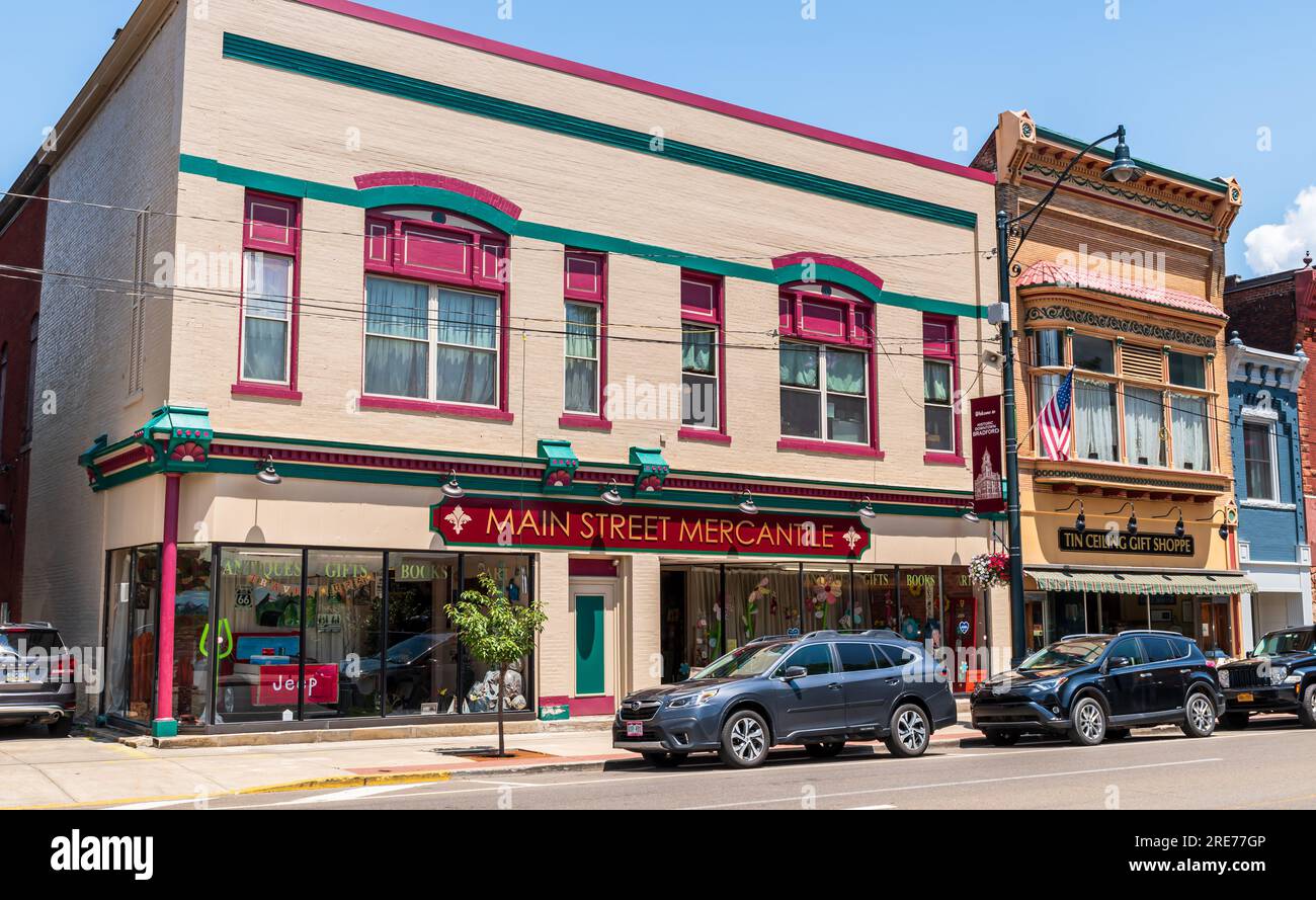 Colorful old buildings on Main Street in Bradford, Pennsylvania, USA ...
