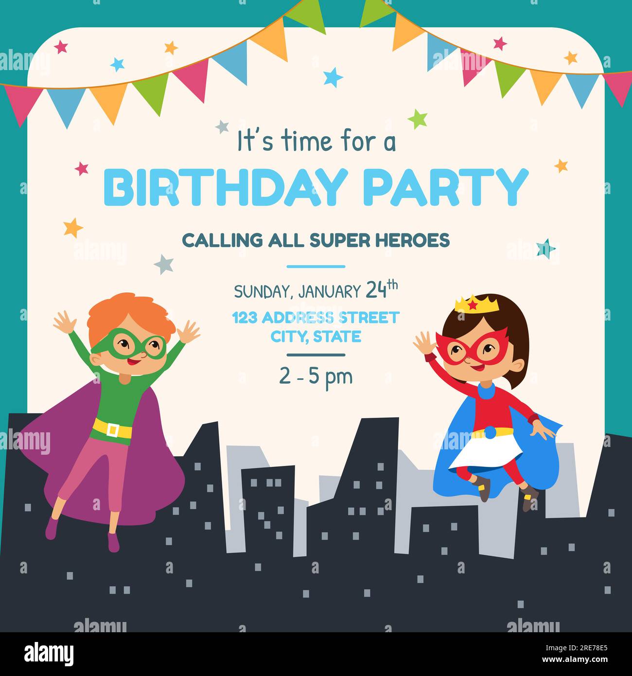 A vector illustration of Superhero Themed Party Invitation Card Stock ...