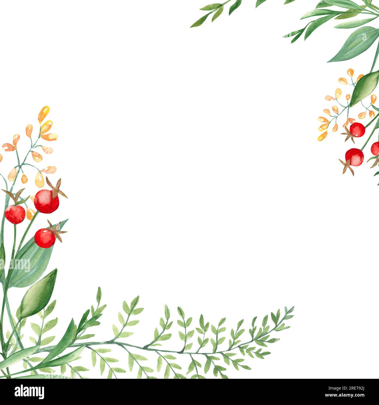 Watercolor square forest frame, border with fern, green branches, red ...