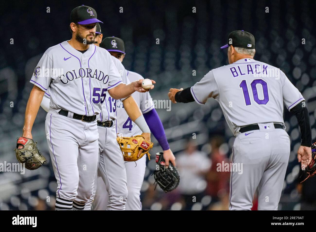 Colorado Rockies relief pitcher Brad Hand (55) is removed by manager ...