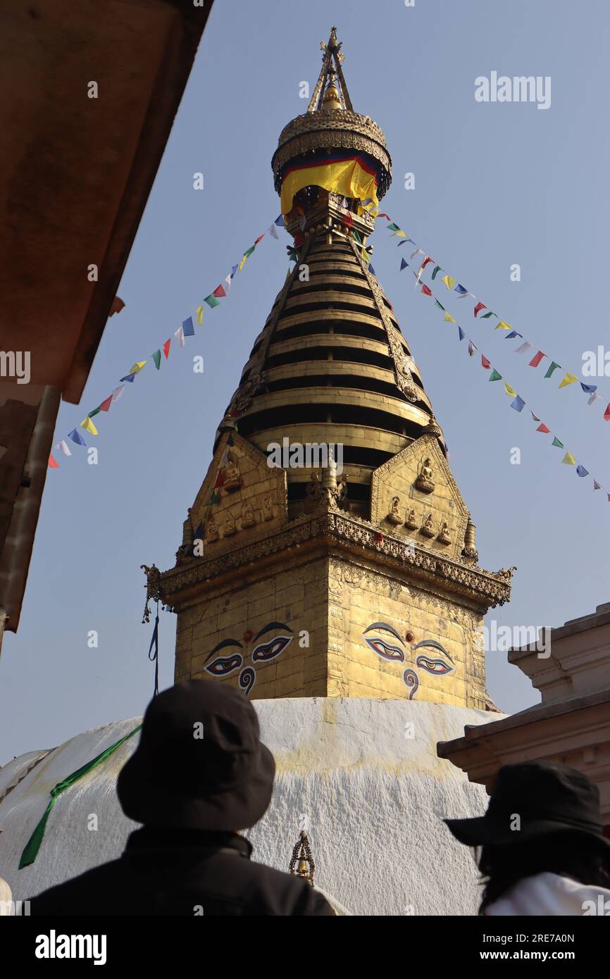 A religious shrine, Stupa with colorful prayer flags in Swayambhunath ...