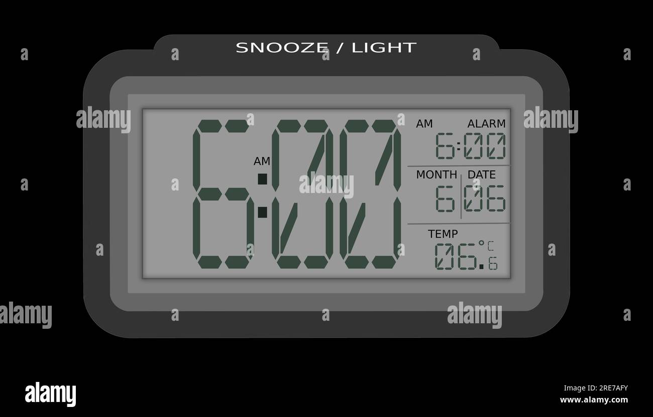 A Digital Clock Showing Time, Date, Temperature And Alarm Time Stock ...